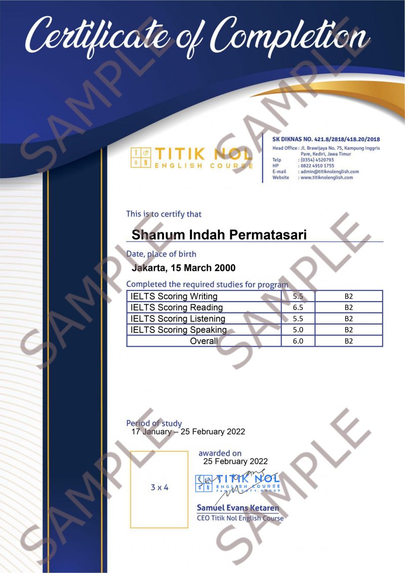 Les Bahasa Inggris Bersertifikat TOEFL/IELTS, Berstandar Resmi Nasional.